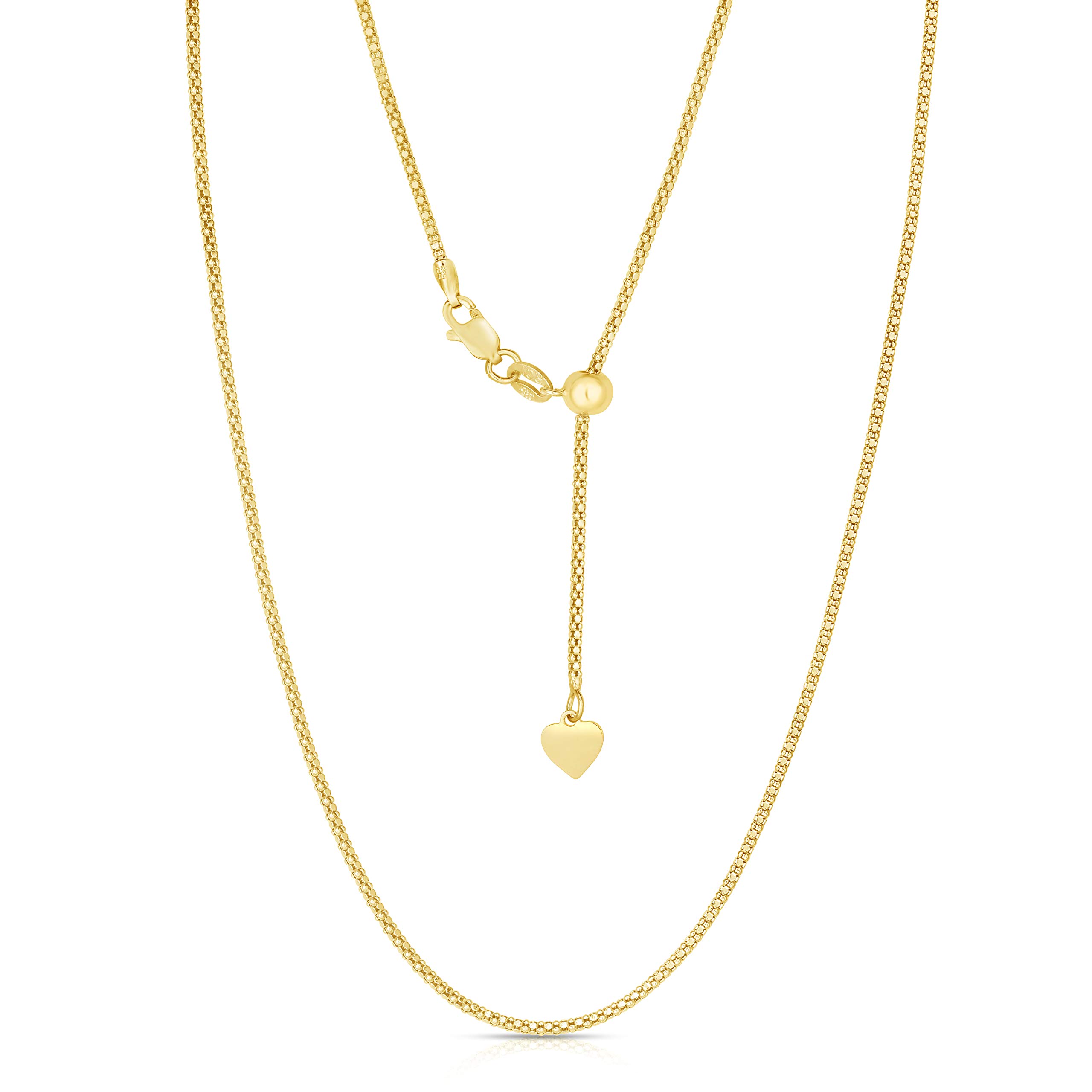 Floreo 14k Yellow Gold 1.3mm Adjustable Round Popcorn Chain Necklace with Heart Charm, 22 Inch