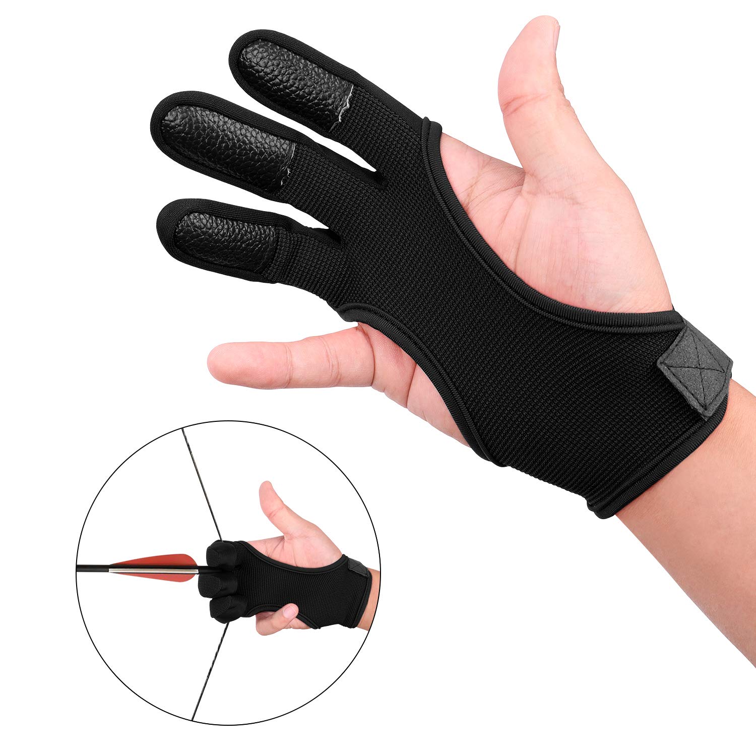 FitsT4 Archery Gloves Leather Padded Three Finger Protector Bow Shooting Hunting Non Slip Glove for Kids Youth Adult Beginner Black S