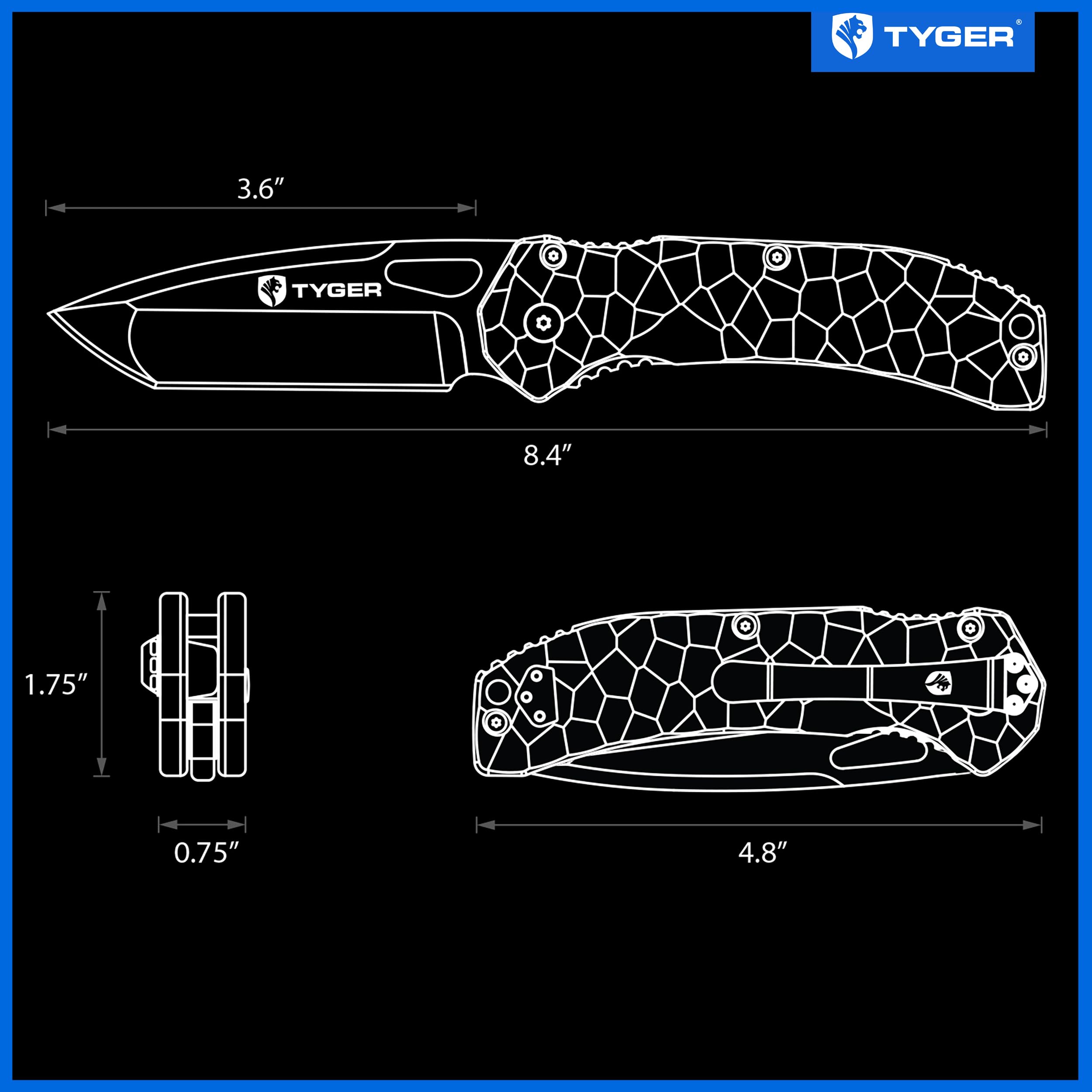 Tyger K4 EDC Folding Pocket Knife | Stone-washed AUS-8 Steel Blade with Black Titanium Ion Carbide Coating | Black G-10 Handle | TG-KF7A2858