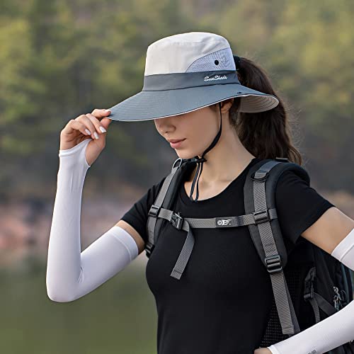 PFFY Ponytail Sun Hat for Women 3β Wide Brim UPF 50+ Bucket Fishing Beach Hats Grey