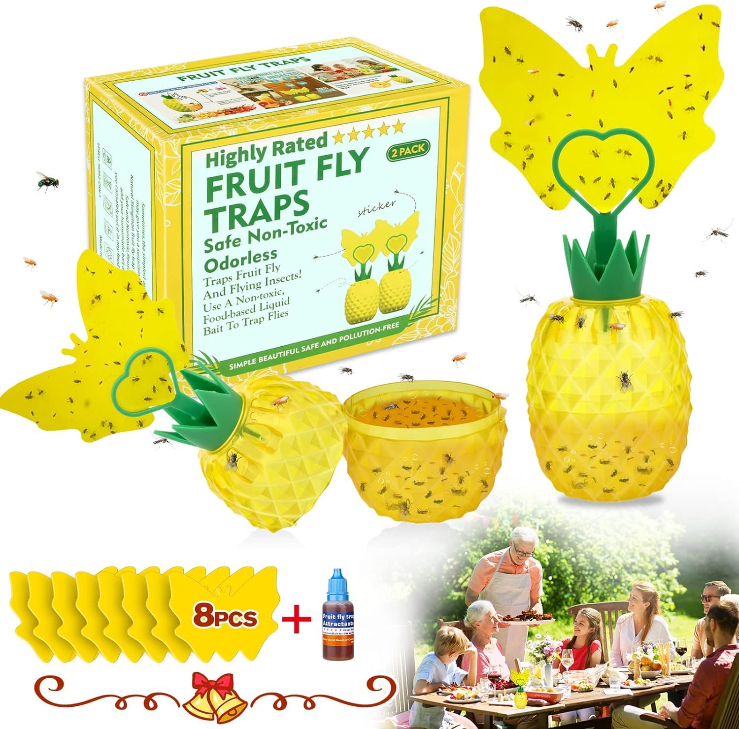 Fruit Fly Trap with Sticker, Effective Gnat Traps for House Indoor, Non-Toxic Reusable Fruit Fly Gnat Killer Fly Catcher, Comes with Attractant