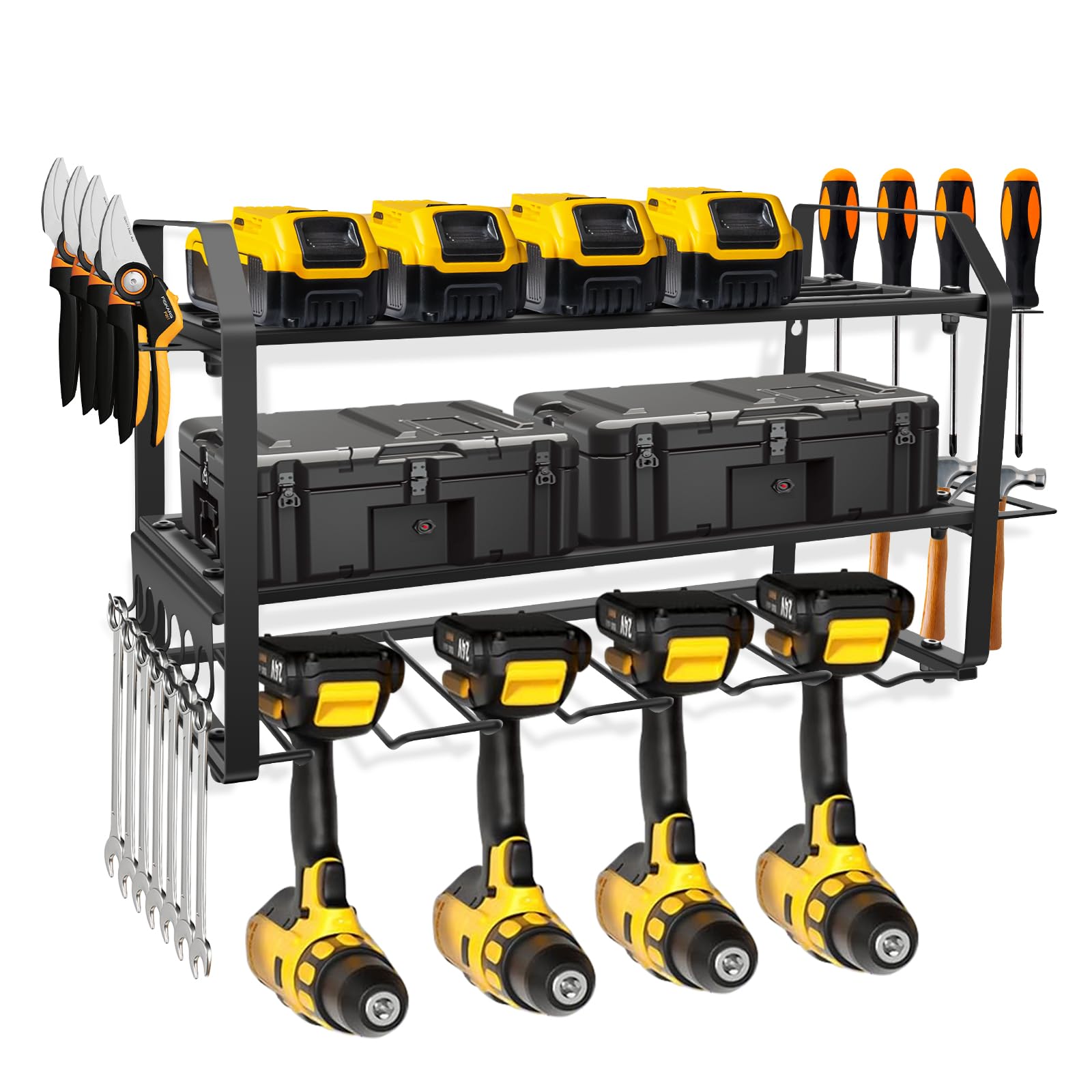 Power Tool Organizer Heavy Duty Wall Mount Tool Storage, Large Capacity Garage Organization Metal Utility Racks with 4 Drill Holders and Tool Slots