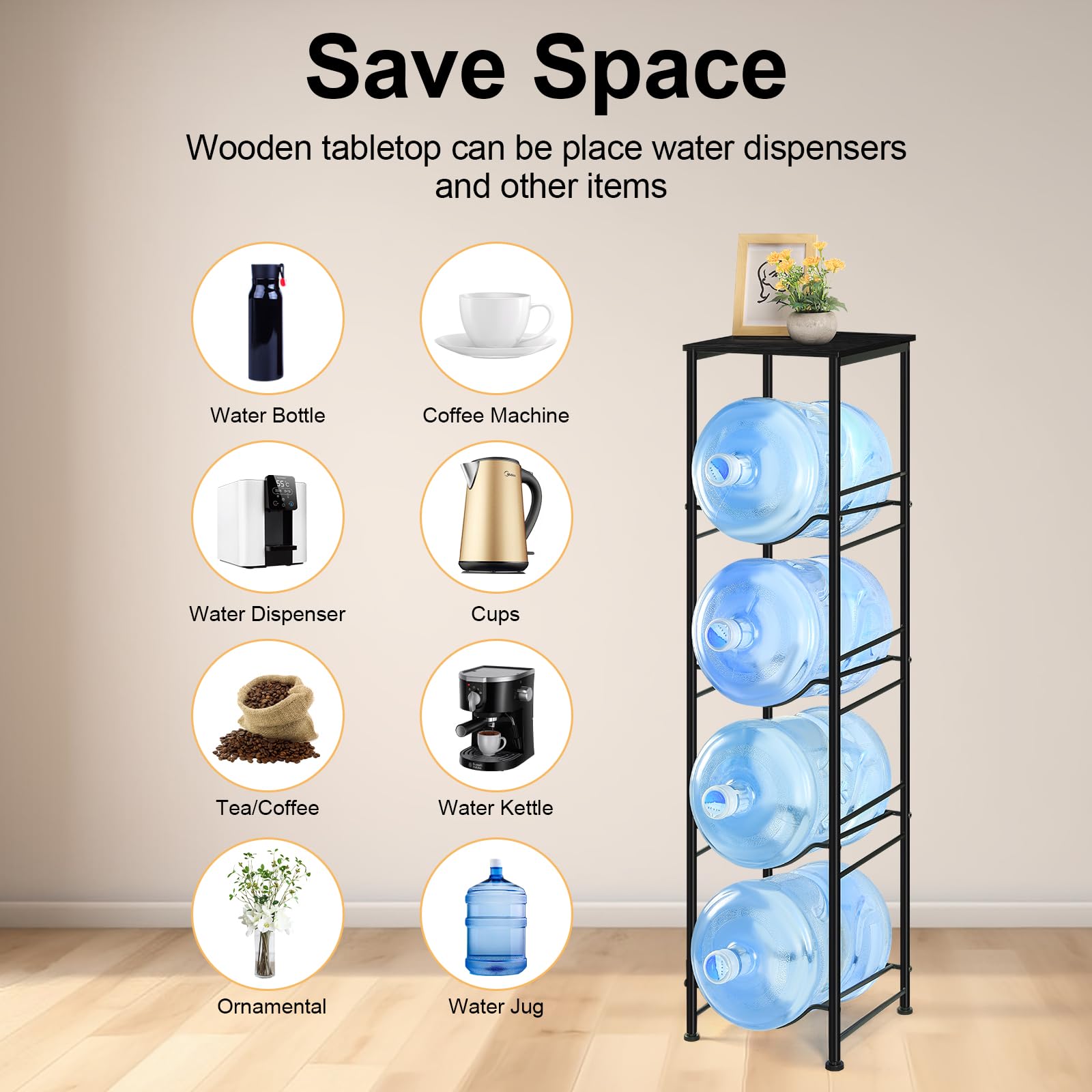 MOOACE 3-Tier Water Jug Rack, 5 Gallon Water Bottle Holder Organizer with Top Storage Shelf, Black