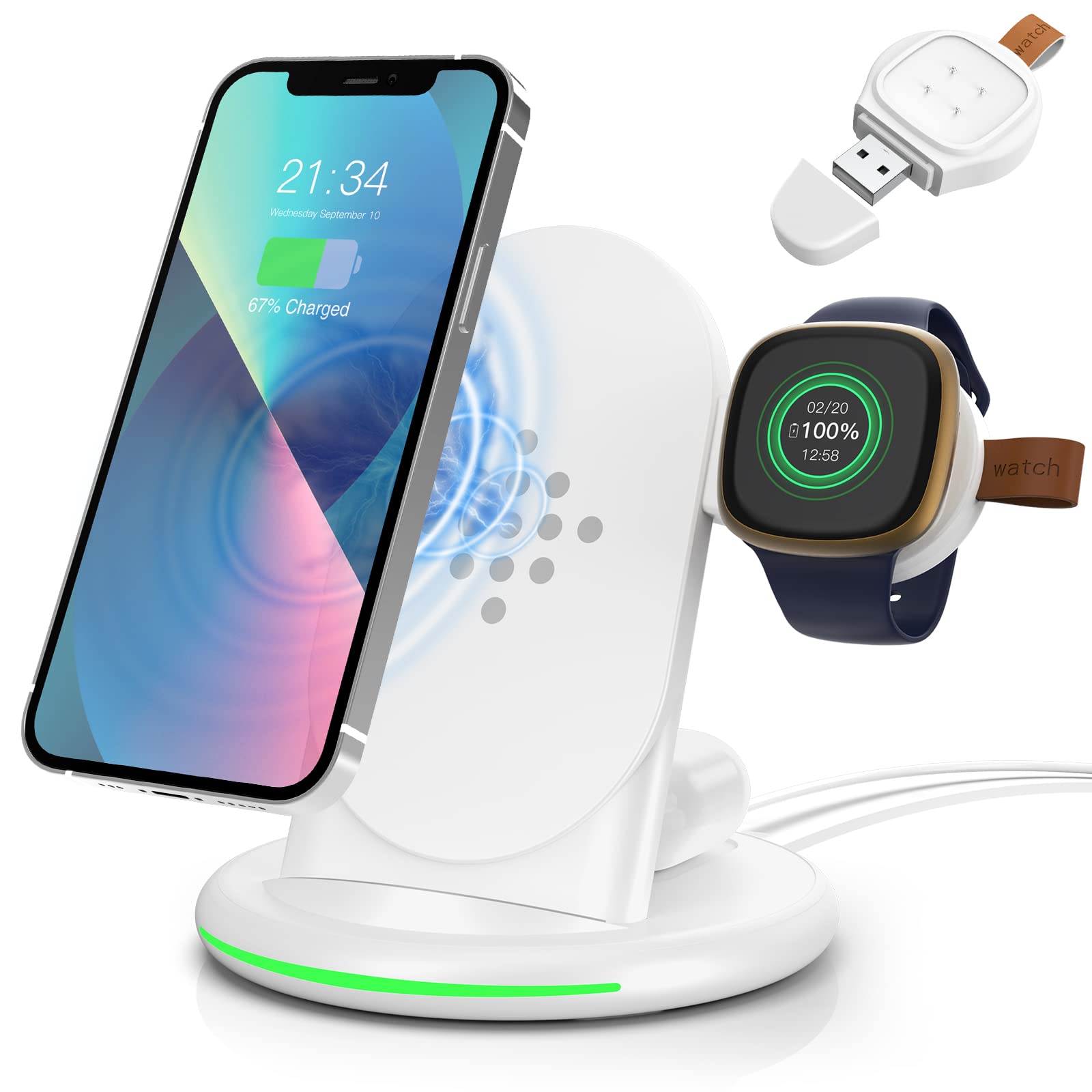 KOJACMUR 3 in 1 Magnetic Wireless Charger, Charge for Fitbit Sense 2/Sense/Versa 3/Versa 4, Charger Stand Wireless Charging Station for iPhone 14 13 12 Pro/Max/Mini,AirPods Pro/3/2 (White A)
