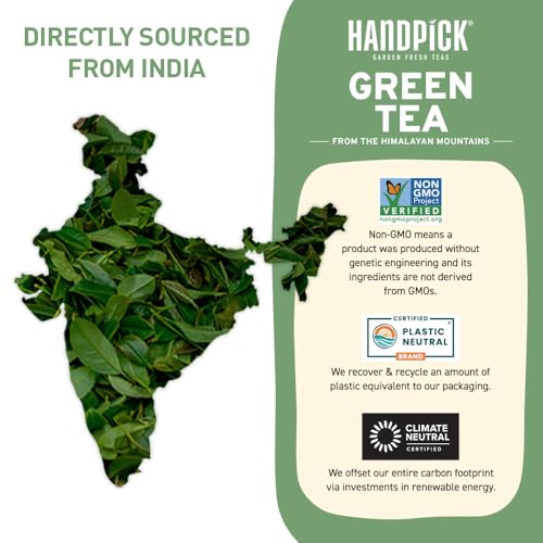 HANDPICK, Organic Green Tea Bags - 100 Tea Bags | Resealable Bag, Round & Eco-friendly Tea Bags | Direct From India