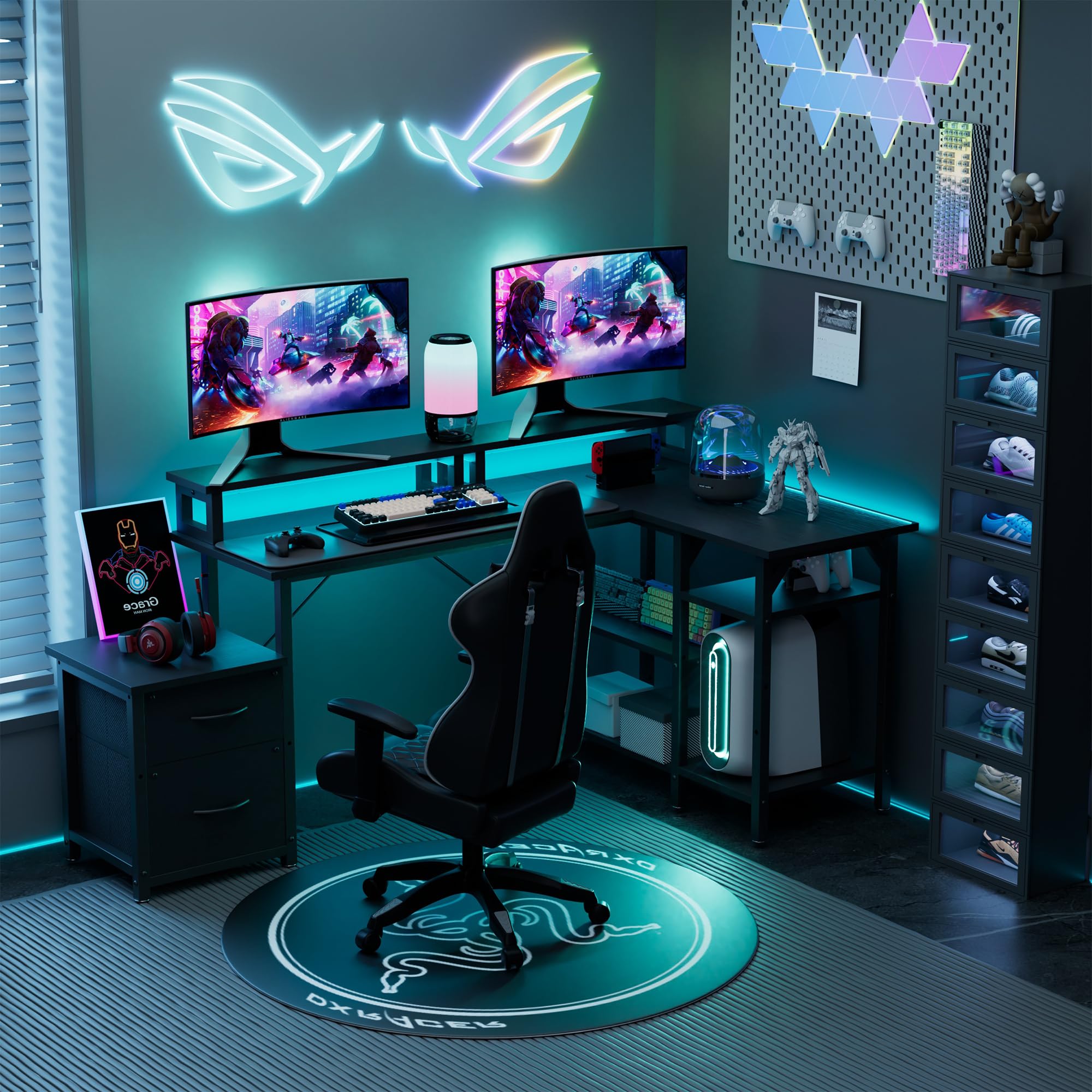 L Shaped Gaming Desk,Oopswow Computer Desk,68 Inch Office Desk with File Drawers & 2-Tier Storage Shelves,Large Reversible Corner Desks Writing Study Workstation with Power Outlets & LED Lights,Black