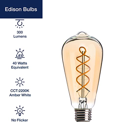 FLSNT 6 Pack LED Edison Bulbs, Dimmable ST19 LED Bulb, 2200K Amber White, E26 Base, 4W(40W Equivalent), 300LM, Amber Glass