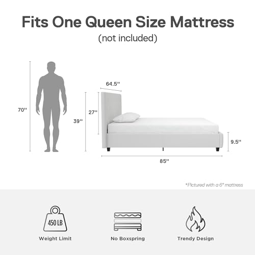 DHP Dakota Upholstered Platform Bed with Diamond Button Tufted Headboard and Footboard, No Box Spring Needed, Queen, White Faux Leather