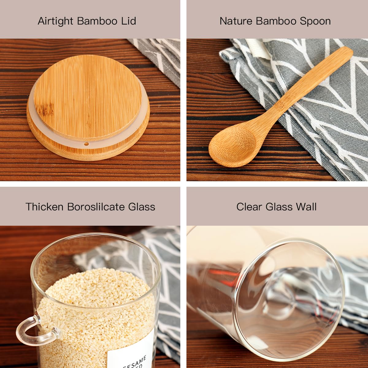 HHMJSM 6 Pcs Glass Jar with Bamboo Lid and Spoon - 17 oz Large Sugar Container with 148 Kitchen Pantry Spice Jar Labels Preprinted - Glass Containers with Wooden Lids Hold Coffee, Tea, Candy