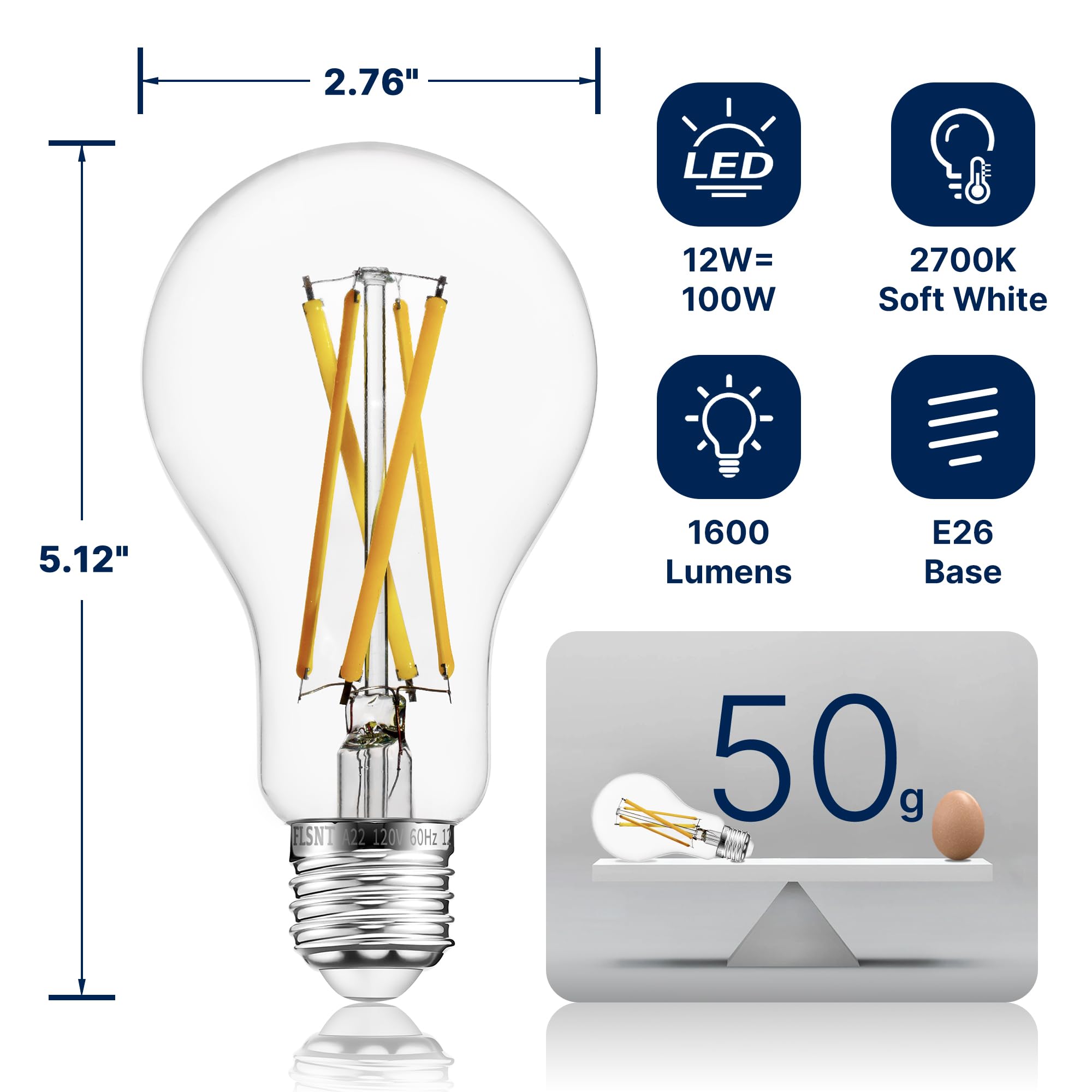 FLSNT 60W Equivalent A19 LED Edison Light Bulbs, 2700K Soft White, E26 Base, Non-Dimmable, 8 Pack