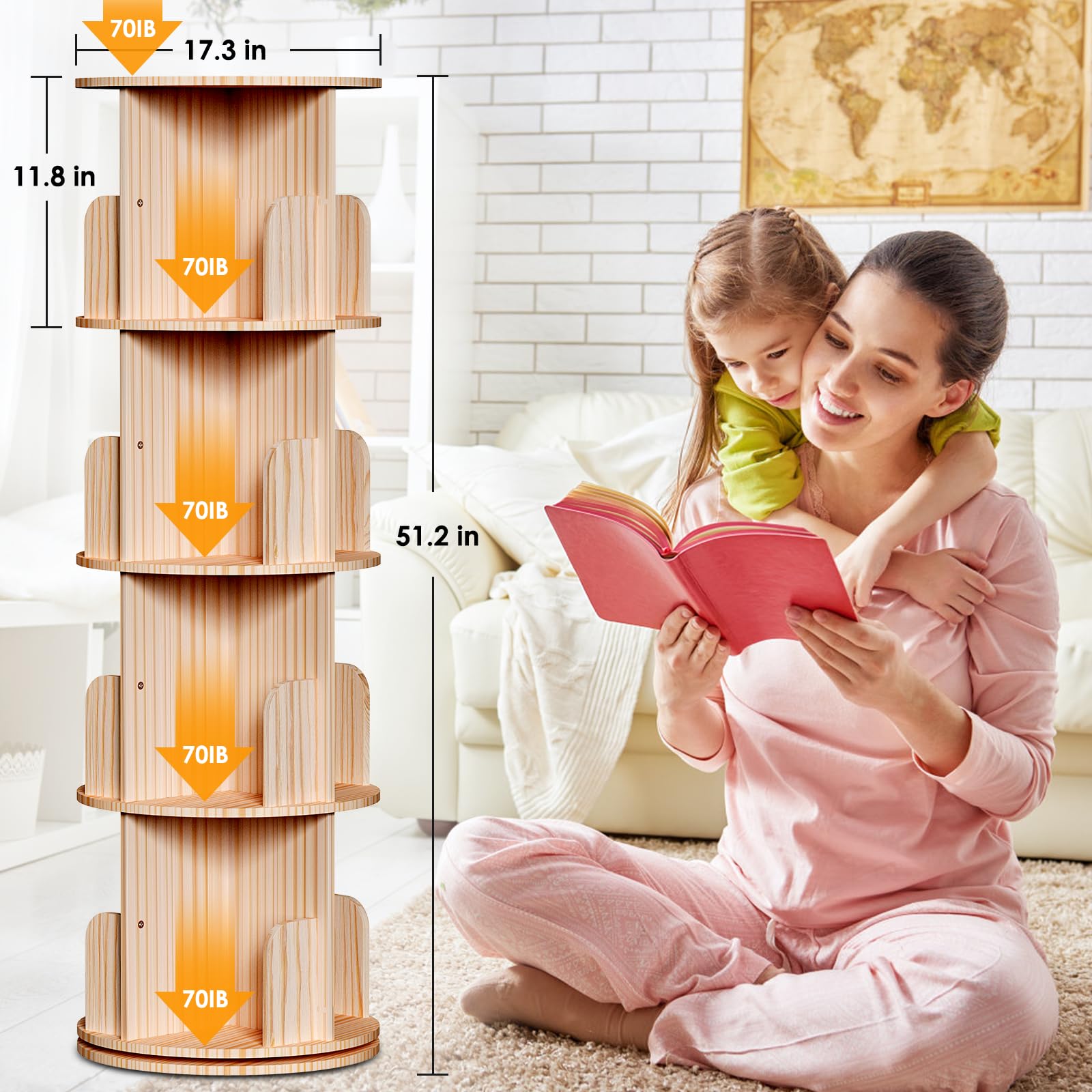Moozerka Rotating Bookshelf, 4 Tier 360 Display Solid Wood Spinning Bookcase Storage Rack, Floor Standing Revolving Book Shelf Organizer for Adults&Kids