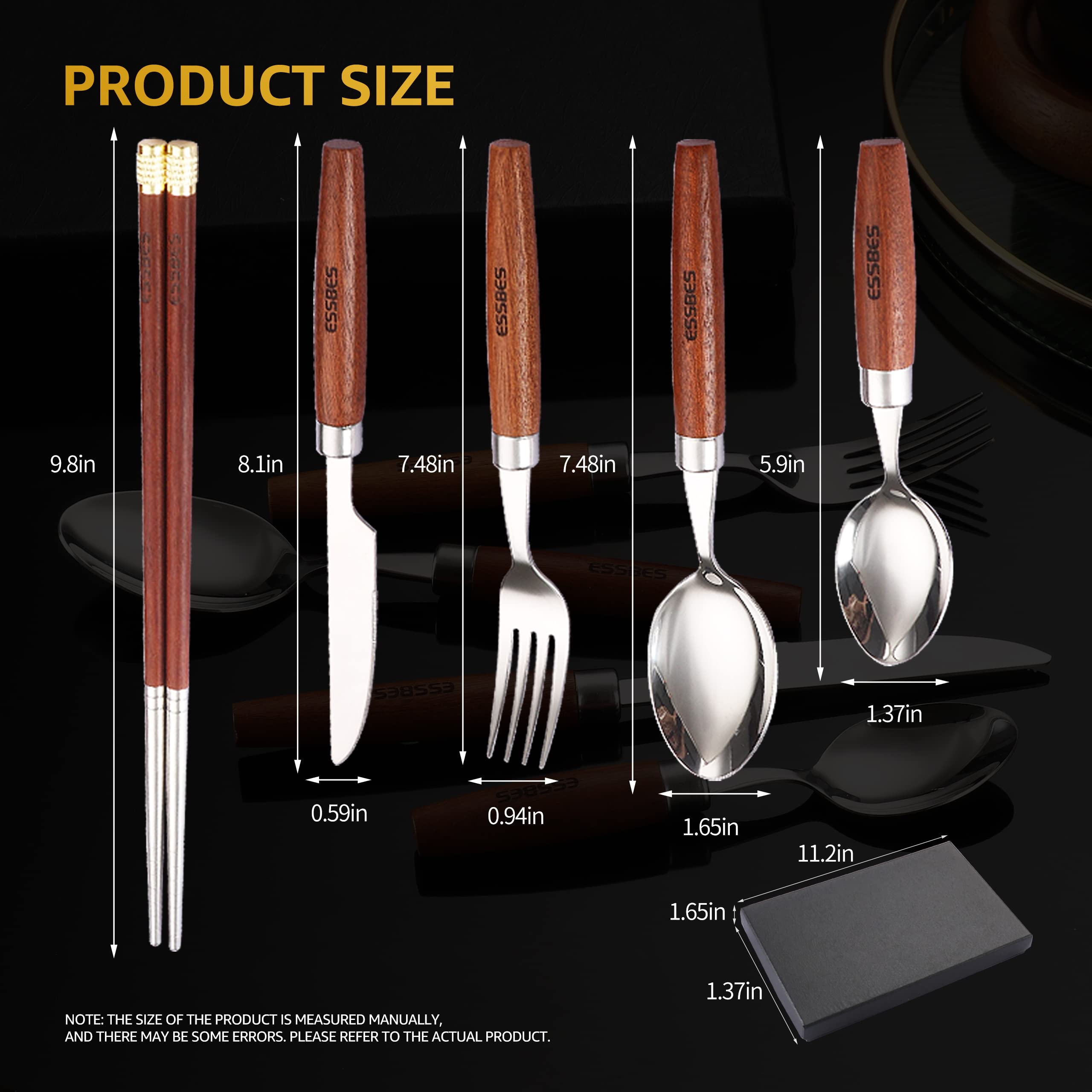 ESSBES 5-Pcs Wooden Handle Silverware Set - Stainless Steel Flatware Set with Fork, Spoon, Knife, Dessert Spoon, Chopsticks and Delicate Gift Box, Portable Cutlery Set For Home Kitchen Hotel & Gift