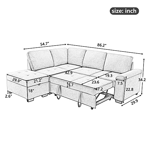 UBGO Sectional Modern L Shape Corner Convertible Sleeper Combination Sofa Bed Ottoman and Storage Hidden Arms Pull Out Sheet for Living Room Apartment, Black G