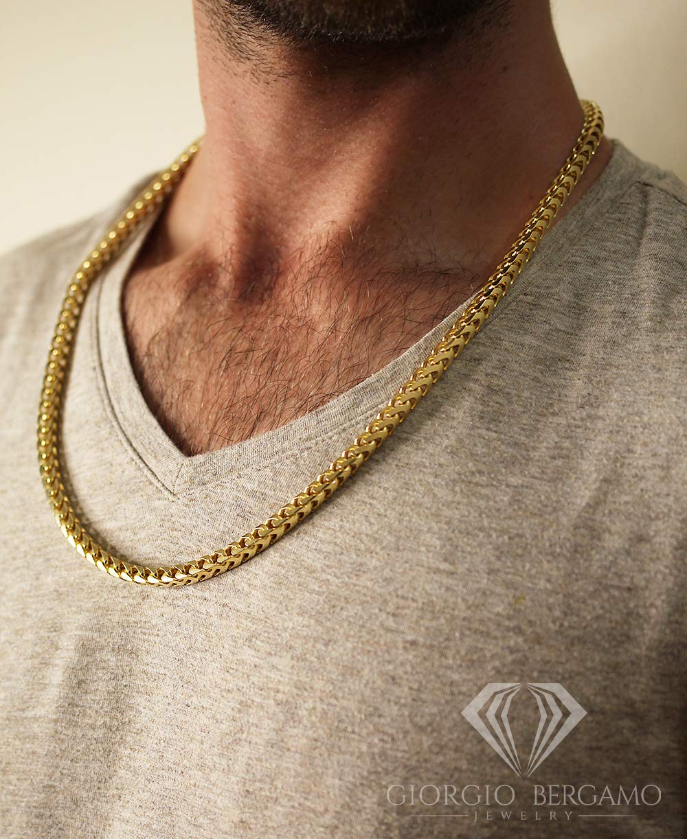 Giorgio Bergamo 925 Italian Sterling Silver 5mm Solid Franco Chain, Yellow Gold Plated Square Box Link Necklace, (30)