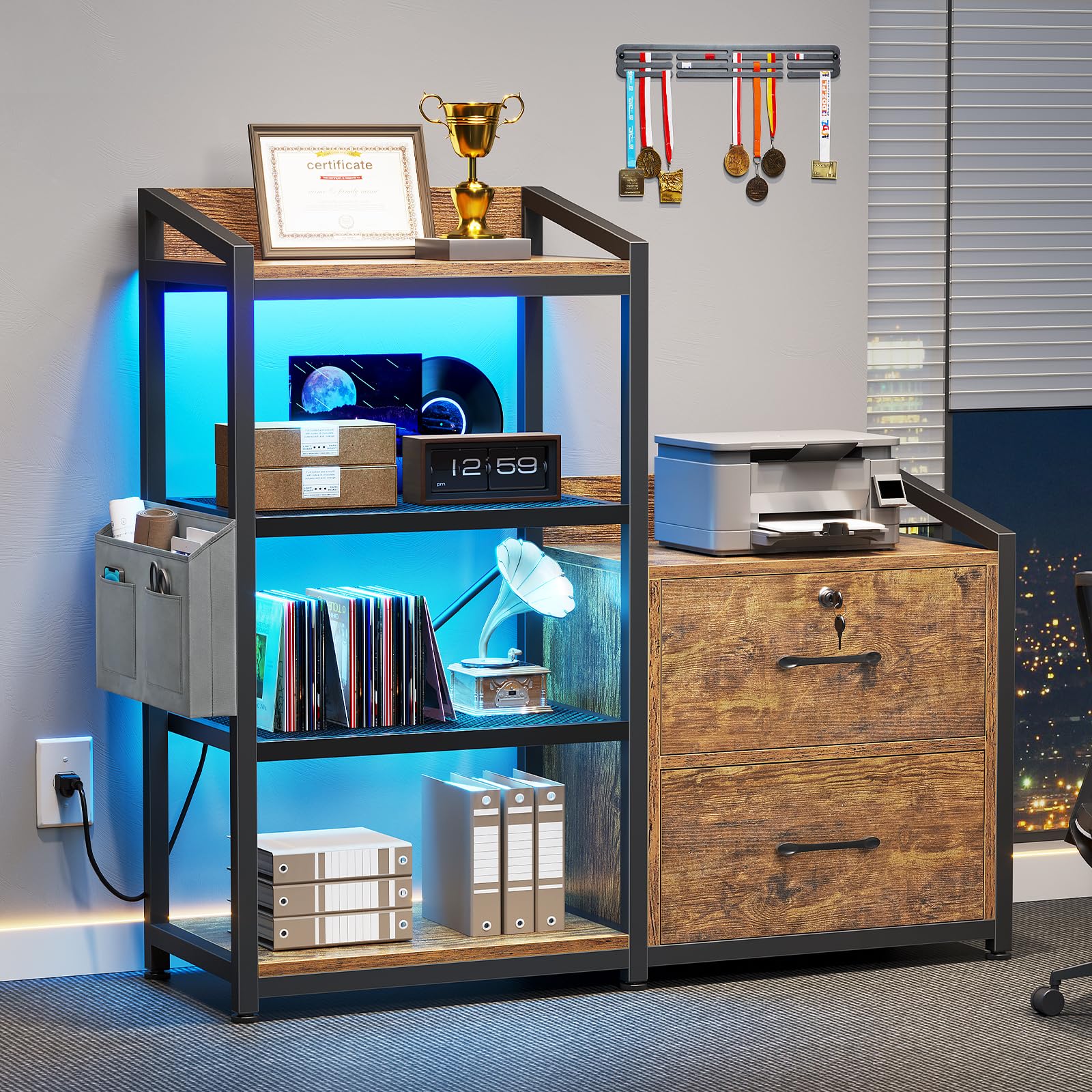 SEDETA 35.4” File Cabinet, Filing Cabinet fits Letter/A4 Size, 2 Drawe File Cabinets for Home Office with Power Strip, LED Lights, Lock, Open Shelf, Rustic Brown