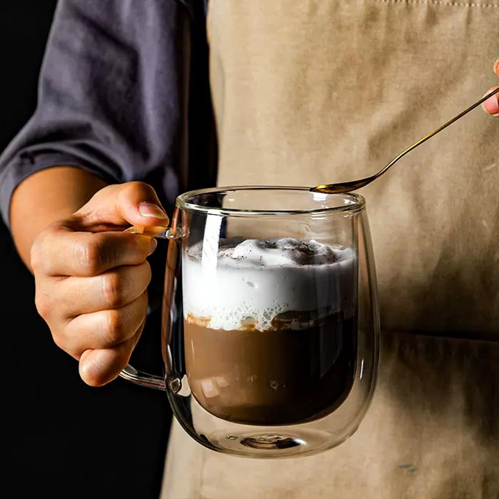 Mugs 12 oz Glass Espresso Cup with Lids Spoon - Double Wall Insulated Clear Coffee Mugs With Handle & Suspended Base Design - Thick Expresso Coffee Cups For Americano, Lattes, Tea (Set of 2,Gift Box)