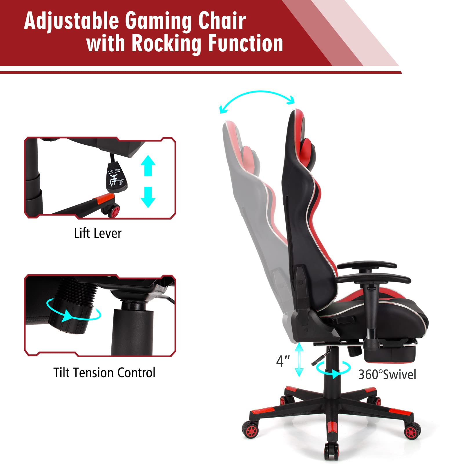 Goplus Massage Gaming Chair with LED Light, Reclining Backrest Handrails and Seat Height Adjustment Racing Computer Office Chair with Footrest, Ergonomic High Back PU Swivel Game Chair
