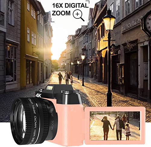 eDealz 4K 48MP Digital Camera Kit Photography Vlogging Camera for YouTube with Flip Screen, WiFi, Wide Angle & Macro Lens, 64GB Micro SD Card, 12" Flexible Tripod, Carrying Case, Card Reader (Pink)
