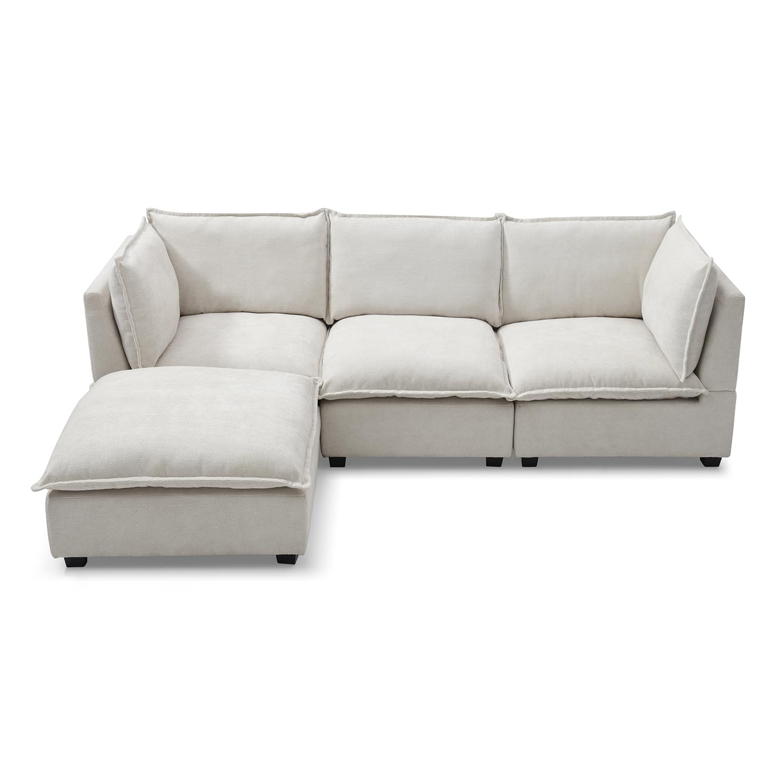 kevinplus 99.3'' Sectional Sofa Couch Cloud Sofa Couch Dupes with Feather Filled for Living Room, Modern Modular 3-Seat L-Shape Sofa Couch with Convertible Ottoman, Linen Fabric, Beige