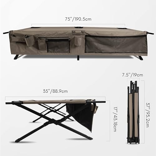 Extremus New Komfort Camp Cot, Folding Camping Cot, Guest Bed, 300 lbs Capacity, Steel Frame, Strong 300D Polyester Surface, includes Side Storage Organizer, Carry Bag