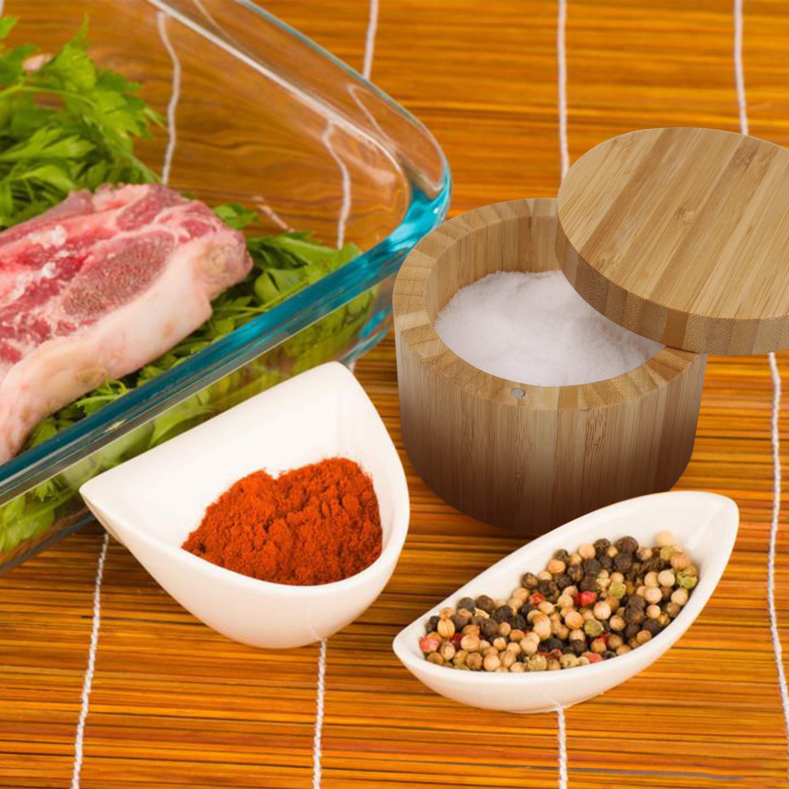 HTB Bamboo Salt Box With Magnetic Swivel Lid, 8.5oz Round Spice Container, Secure Durable Storage & Organization for Seasonings, Herbs