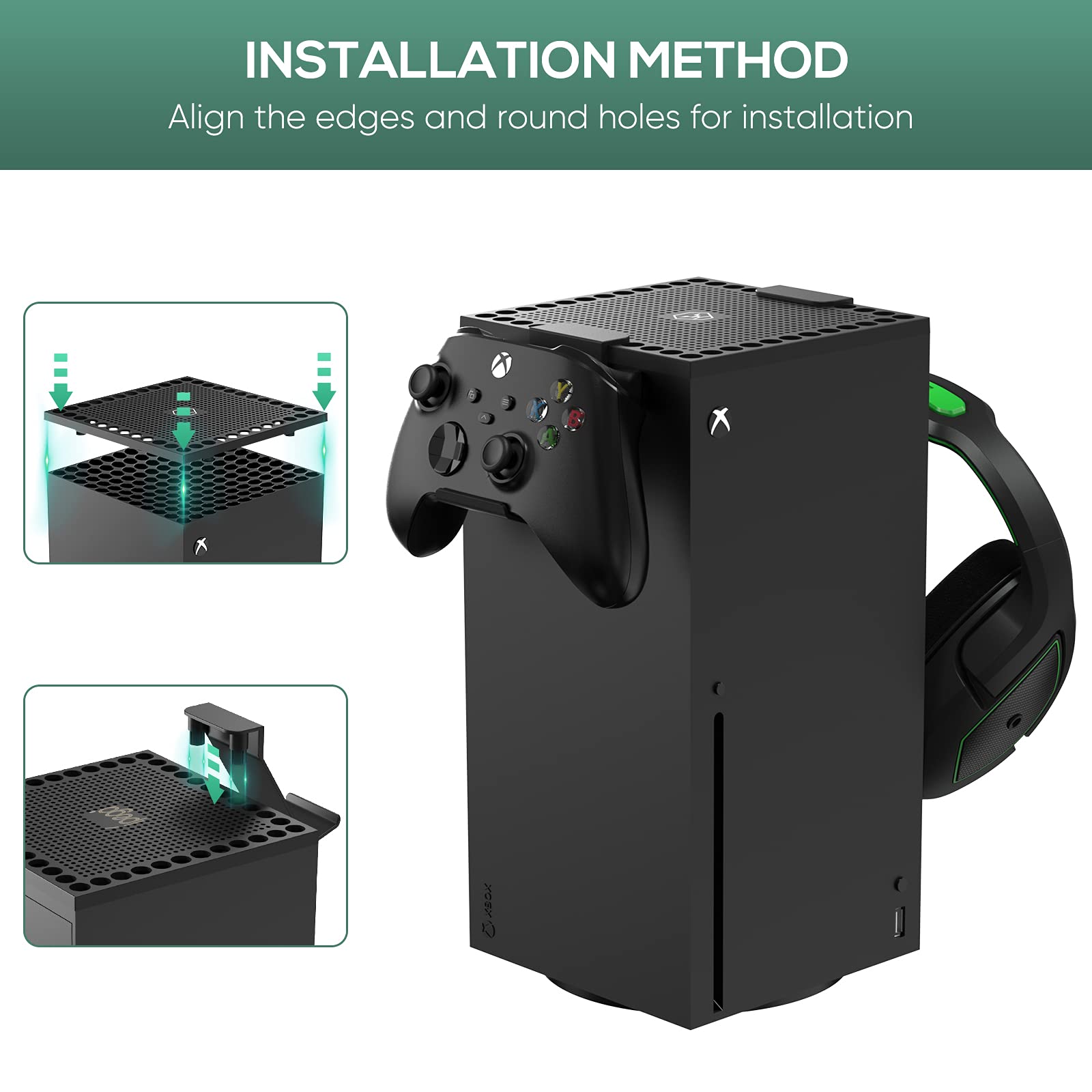 FASTSNAIL Dust Filter Cover for Xbox Series X with Controller and Headset Holder(2 Pack), Gaming Console Top Filter 2PCS Headphone Controller Stand Mount Hanger for Xbox Series X Console, Black