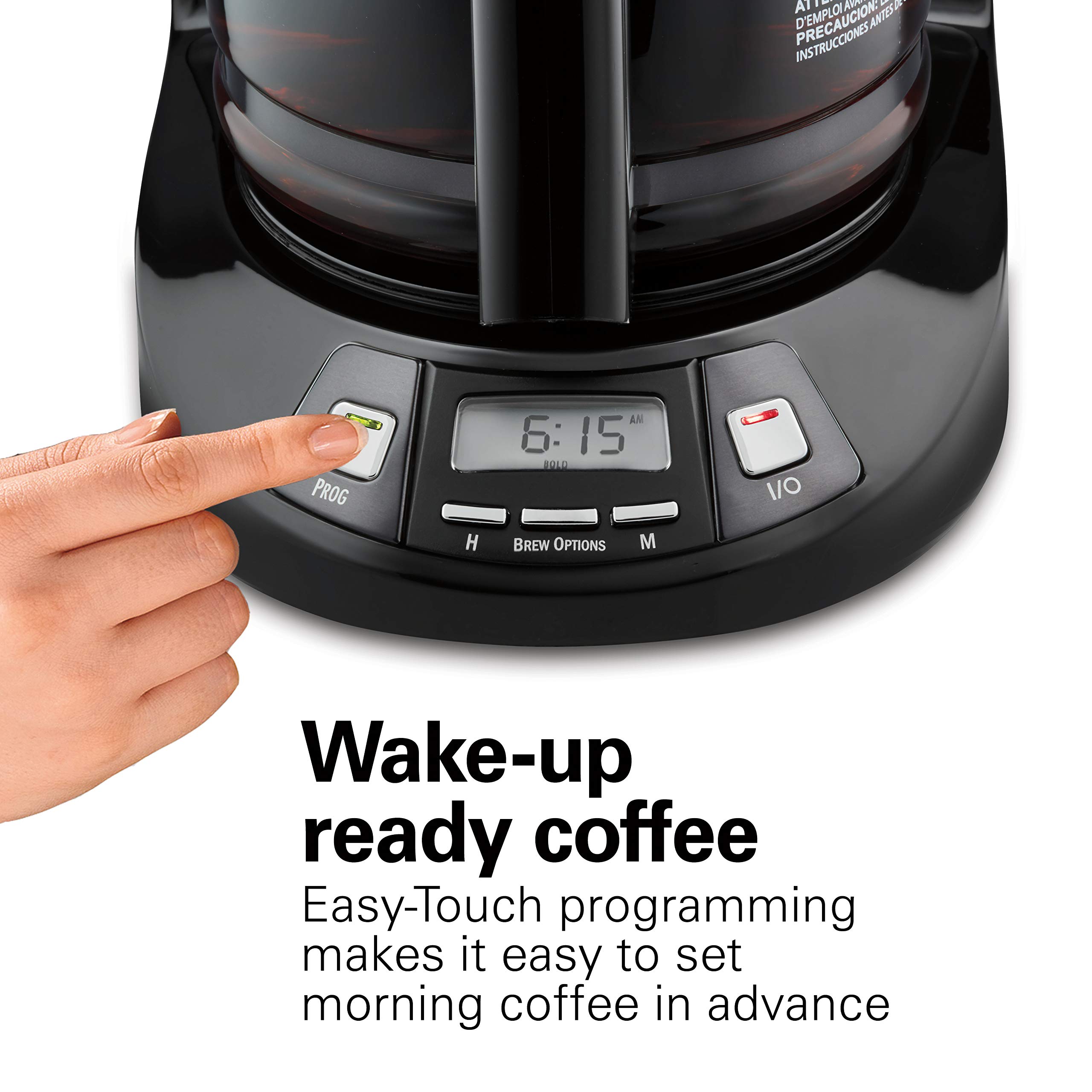 Hamilton Beach 12 Cup Programmable Drip Coffee Maker with 3 Brew Options, Glass Carafe, Auto Pause and Pour, Black Stainless (46293)