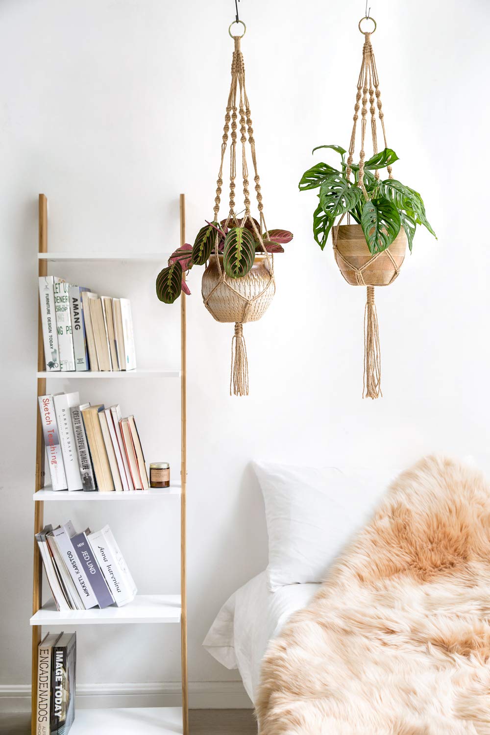 Mkono Macrame Plant Hangers 4 Pcs Indoor Outdoor Hanging Planter Basket Jute Rope Flower Pot Holder Boho Hippie Style