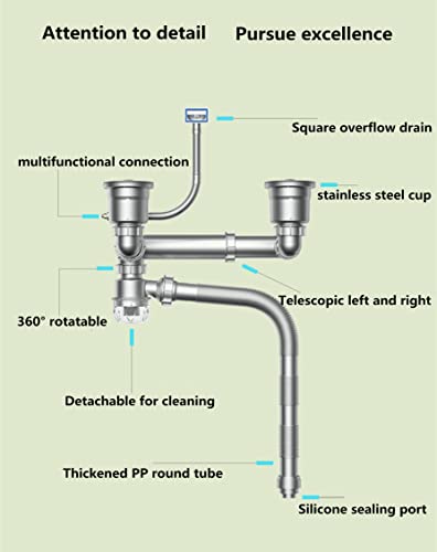HTDAK Kitchen Dual Sink Installation Plumbing, Expandable Sink Drain Kit, Universal Kitchen Drain Kit, 3-1/2''Sink Expandable Drain, Silver, 13.78×13.78×5.90