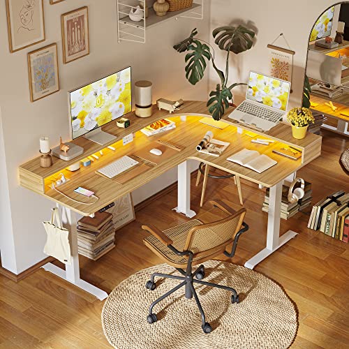 FEZIBO Triple Motor L Shaped Stadning Desk with LED Strip & Power Outrlets,63 inches Height Adjustable Stand up Corner Desk with Ergonomic Monitor Stand, White Frame/Natural Top