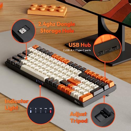 RK ROYAL KLUDGE RK100 Wireless Mechanical Keyboard, Bluetooth5.1/2.4G/Wired 96% Full Size 100-Key Hot Swappable Gaming Keyboard with 3 USB Ports, Red Switch for Mac Windows, Carbon