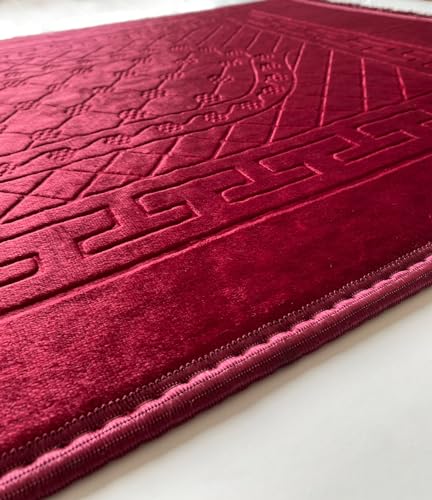 Prayer Rug Muslim Mat Islamic - Thick Prayer Rug Sajadah for Kids Men Women with Islam Prayer Beads for Eid Travel Ramadan, Soft and Luxury (Red)