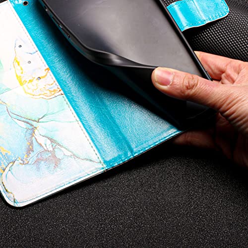 Phone Case Oppo A17 Green Marble Leather Wallet Flip Cases Cover with Credit Card Holder for Women with Long Crossbody Lanyard and Hand Strap