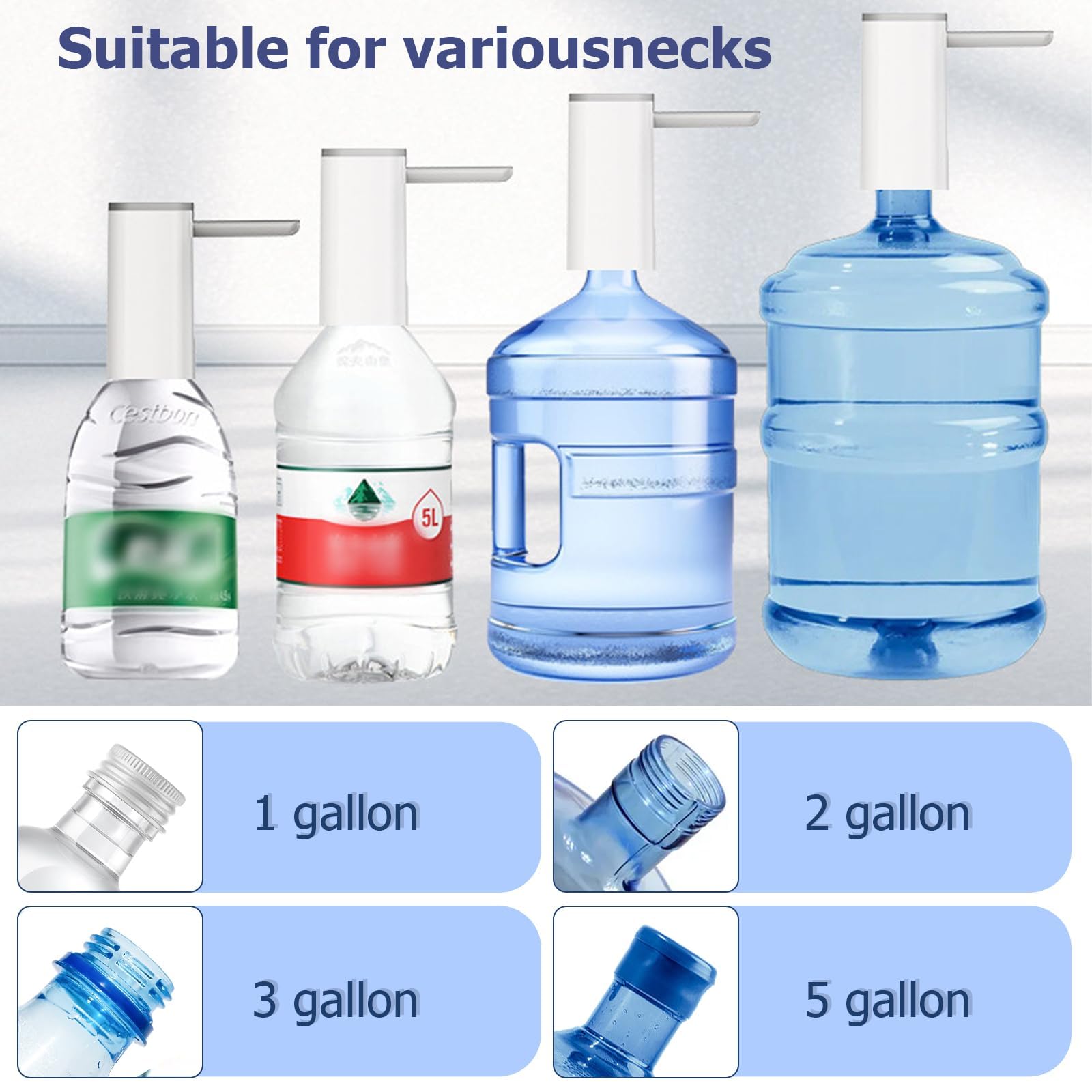 FEERNICH Water Dispenser for 5 Gallon Bottle,Universal Automatic Portable Water Bottle Pump Foldable Electric Drinking Water Pump 1200mAh USB Charging Suitable to Home Office Camp Travel (White)