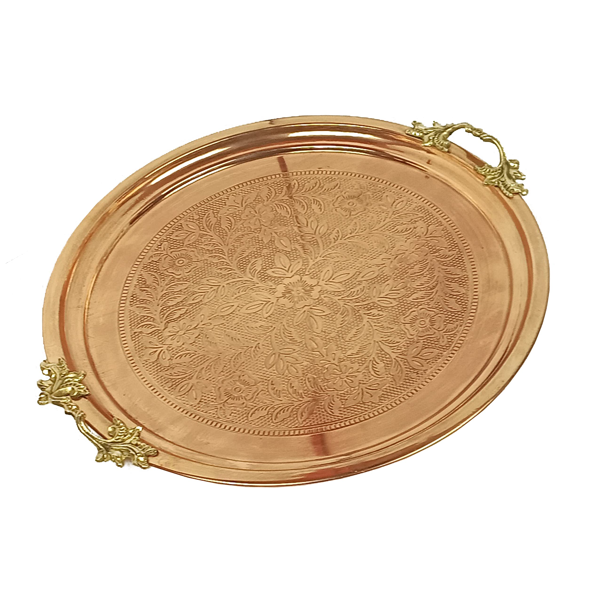 Hammered Copper Serving Tray with Brass Handle - Decorative Round Coffee Table Tray - Multi-Purpose Kitchen Food Tray Decorative for Breakfast, Dinner, and Parties, 14 Inch (Flower Design)