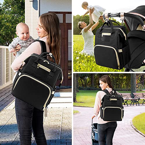 Kompoll Diaper Bag Backpack, Multifunction Waterproof Large Travel Baby Changing Bags Back Pack for Dad/Mom, Stuff Organizer Backpack with Station, Registry Search (Black)
