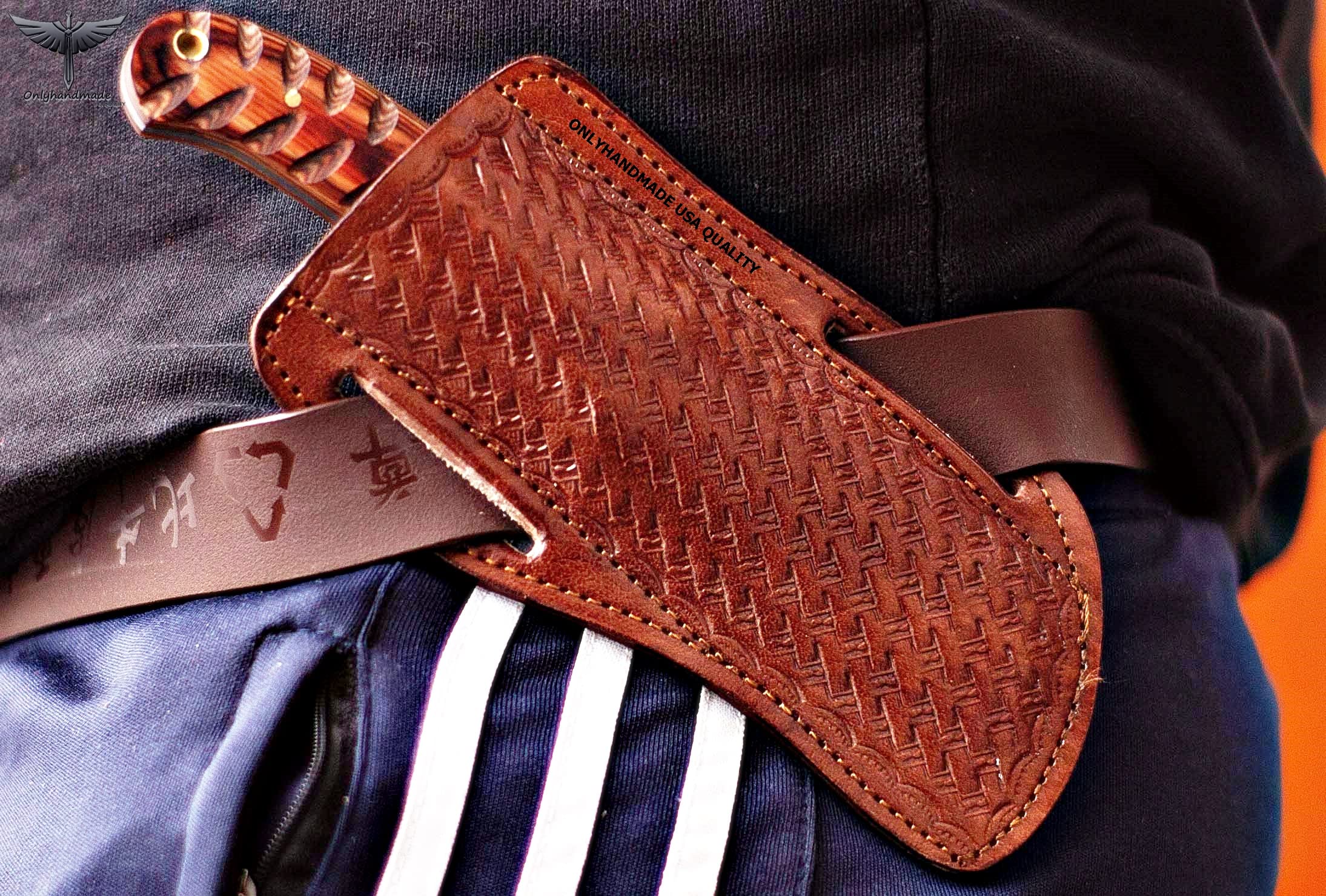 Leather Knife Sheath, Slanted Pancake Sheath, Tooled Leather Sheath, Belt Sheath, Beautiful Cow Boy Bull Cutter Knife Leather Sheath 100% Real Leather and Exotic Cow Hide Sheath - OHM-103 (OHM-103 PANCAKE)