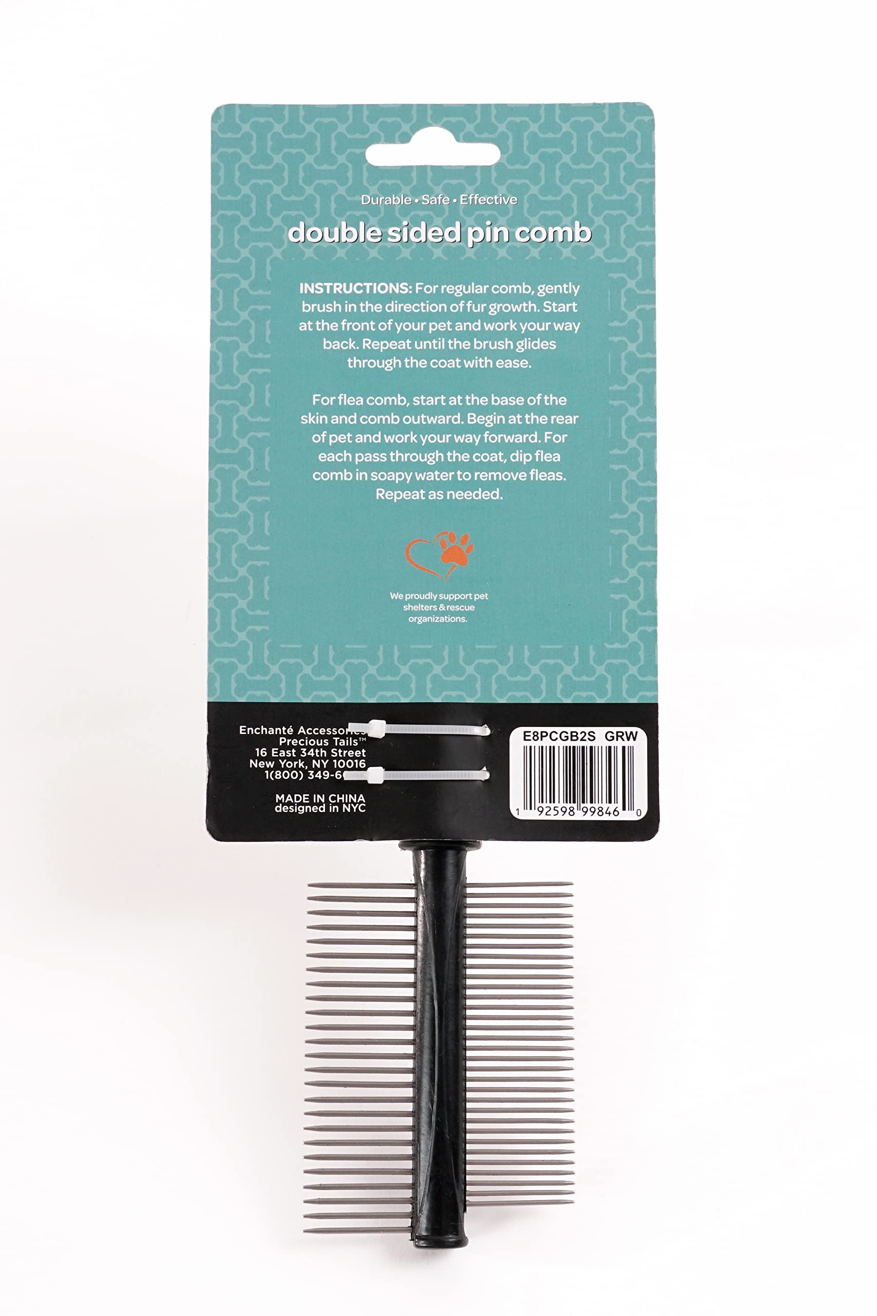 Precious Tails Double-Sided Pet Pin Comb - Dual-Action Flea Removal & Tangle-Free Grooming Tool for Dogs and Cats, Gentle on Skin, Ideal for All Fur Types