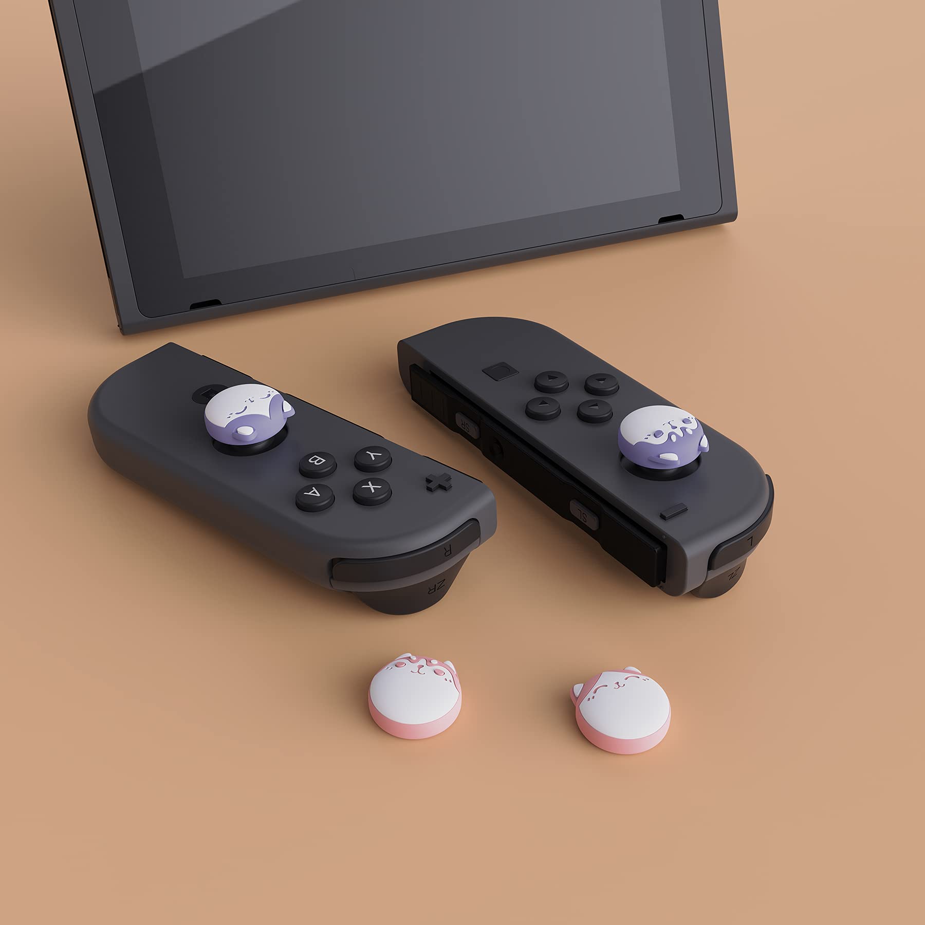 eXtremeRate PlayVital Husky & Kitty Cute Switch Thumb Grip Caps, Joystick Caps for Nintendo Switch Lite, Silicone Analog Cover Thumbstick Grips for Switch OLED Joycon - Pale Red & Light Violet
