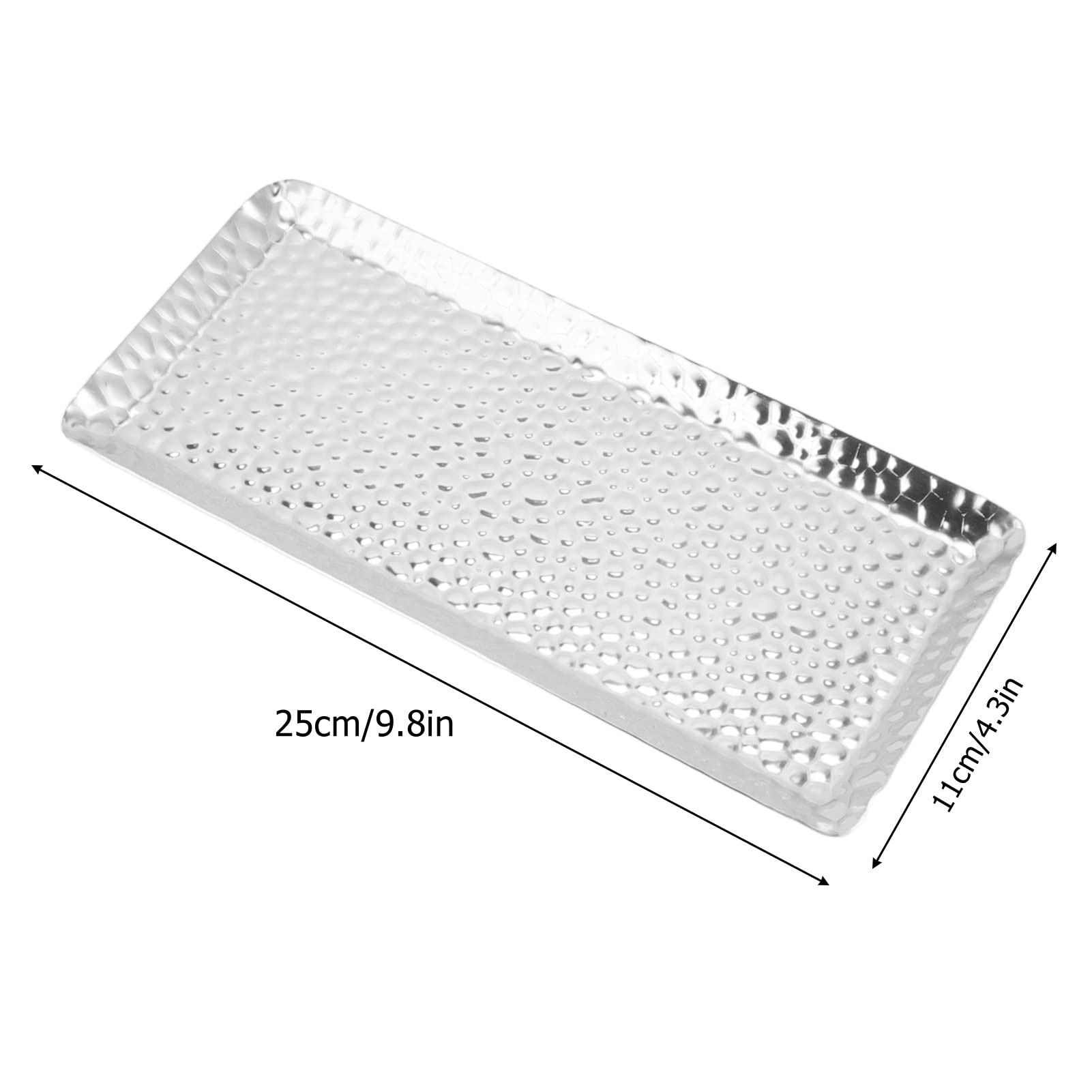 Hammered Tray with Raised Edges 9.8x4.3 inch Hammered Stainless Steel Rectangular Metal Serving Tray Platter Fruit Dish for Parties Copper Finish Makeup Organizer Jewellery Holder Towel(Silver)
