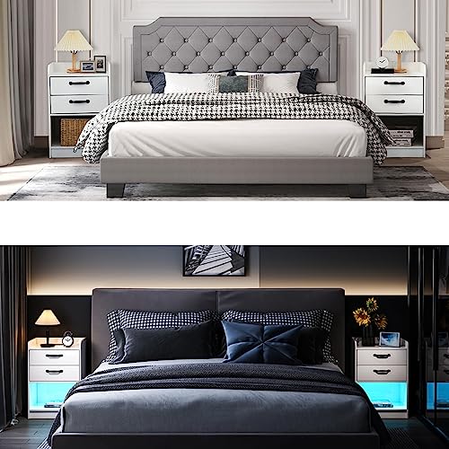 White Nightstand Set of 2 with Charging Station and LED Lights, Modern End Side Table with 2 Drawers and Open Storage for Living Room, Night Stands for Bedrooms Set of 2 White