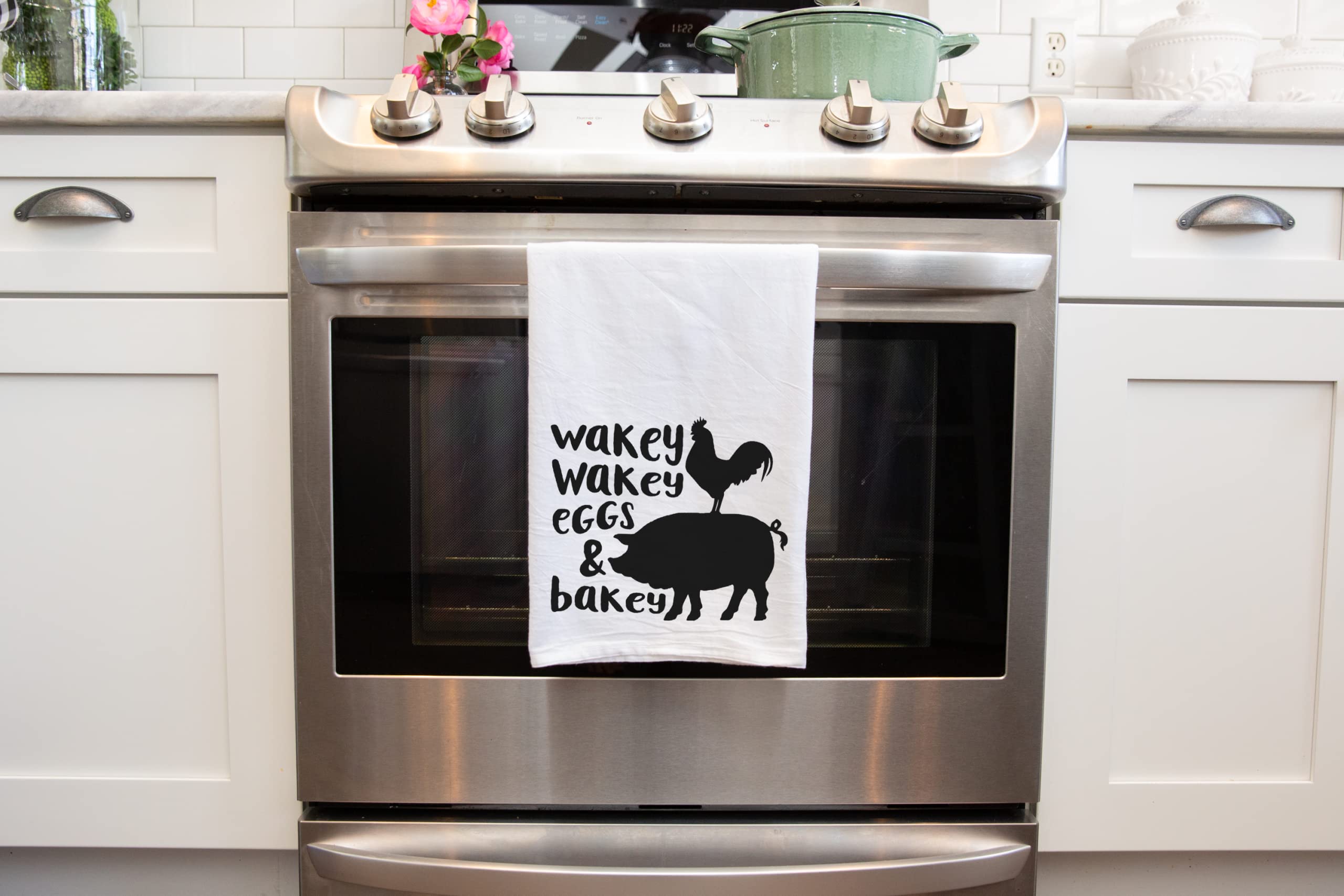 Handmade Funny Kitchen Towel - 100% Cotton Hand Towel Wakey Wakey Eggs and Bakey - 28x28 Inch Perfect for Chef Housewarming Christmas Mother’s Day Birthday Gift (Wakey Wakey Eggs and Bakey)
