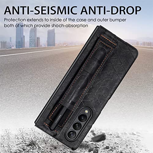 Omio Designed for Samsung Galaxy Z Fold 3 Leather Case with S Pen Holder & Strap, Wrist Strap Leather Back Cover Case Hard PC Shockproof Finger Grip Case for Galaxy Z Fold 3 Men Women Girls, Black