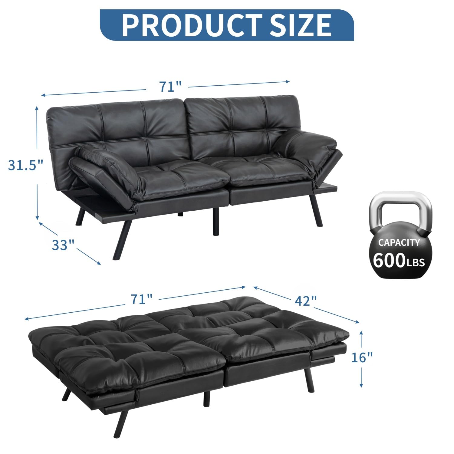 MUUEGM Adjustable Loveseat Sofa Bed,Sectional Futon Sleeper Sofa Couch, Memory Foam Modern Sofa for Room Apartment,Living Room,Small Space Brown
