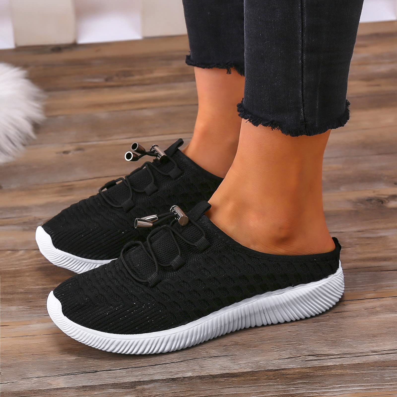 FASDNENDYS Ladies Fashion Solid Color Breathable Mesh Lightweight Flat Casual Women Water Shoes Size 11 Black