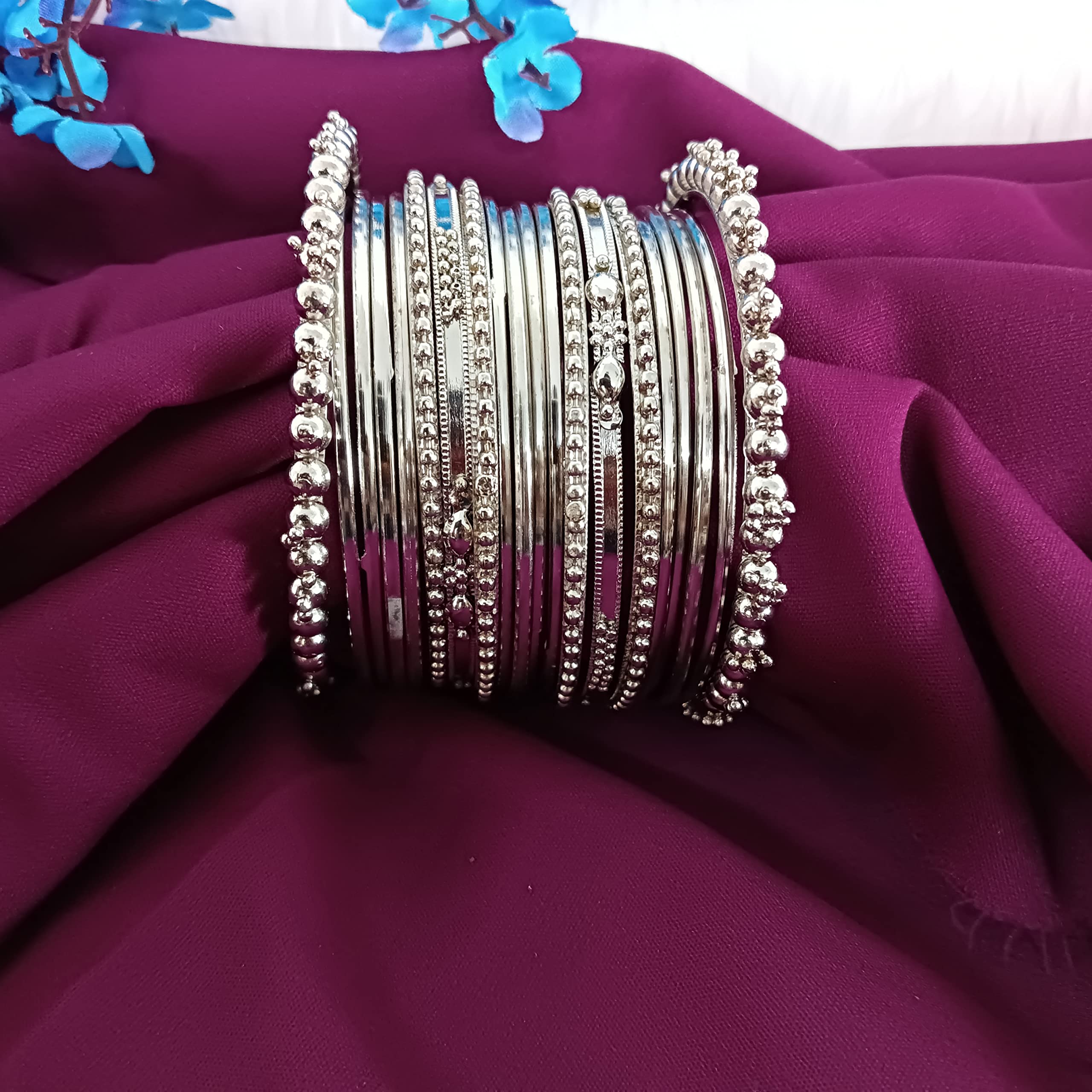 Efulgenz Boho Vintage Antique Ethnic Gypsy Tribal Indian Oxidized Silver Plated Combo Bracelet Bangles Set Jewelry (Silver pack of 2 Sets, 2.4)
