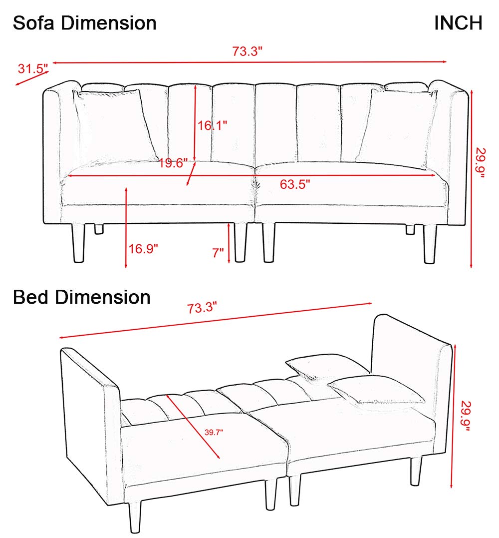SLEERWAY Velvet Futon Sofa Bed with Two Pillows, Modern Sleeper Sofa Couch with 3 Adjustable Angles, Convertible Small Loveseat for Living Room, Pink