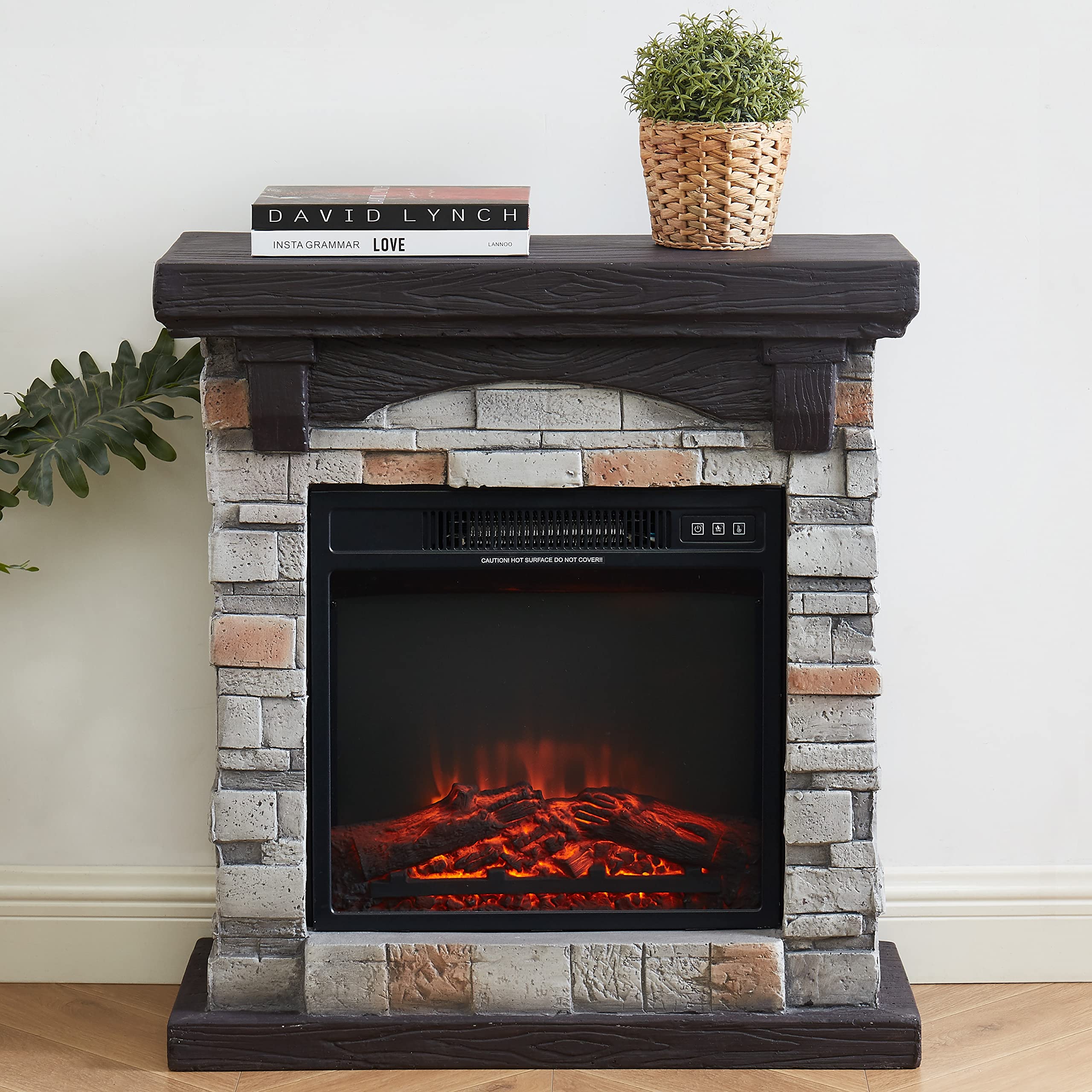 Edwin's Choice Electric Fireplace with Mantel, 28”W Faux-Stone Fireplace Mantel,Freestanding Fireplace, Realistic Flame Effect and 3D Log, Room Heater 28”Wx11”Dx31”H Gray