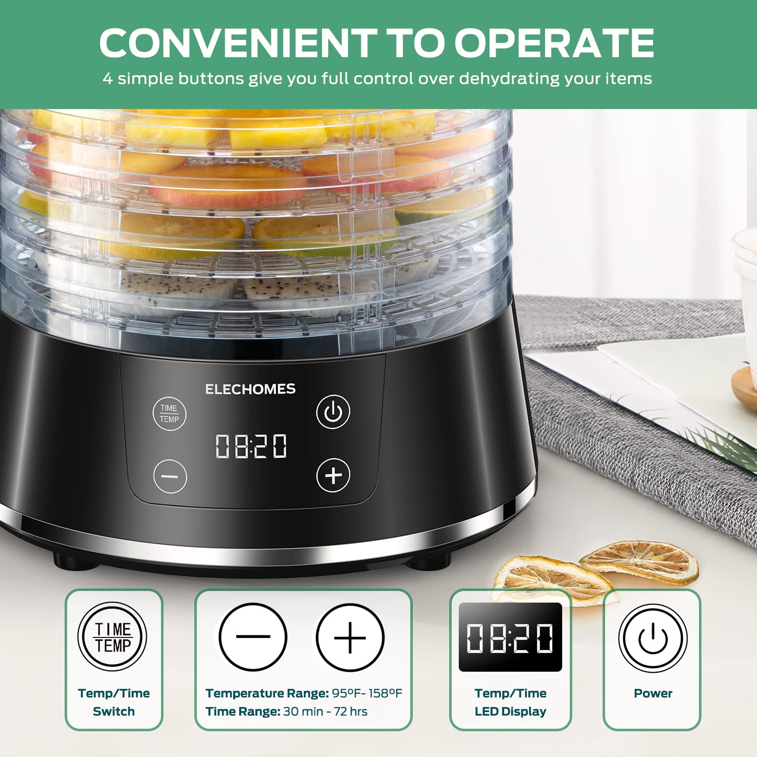 Food Dehydrator, Elechomes Upgraded 6-Tray Dryer for Beef Jerky, Meat, Fruit, Dog Treats, Herbs Vegetable, Digital Time & Temperature Control, Overheat Protection Fruit Roll Sheet Included, BPA Free