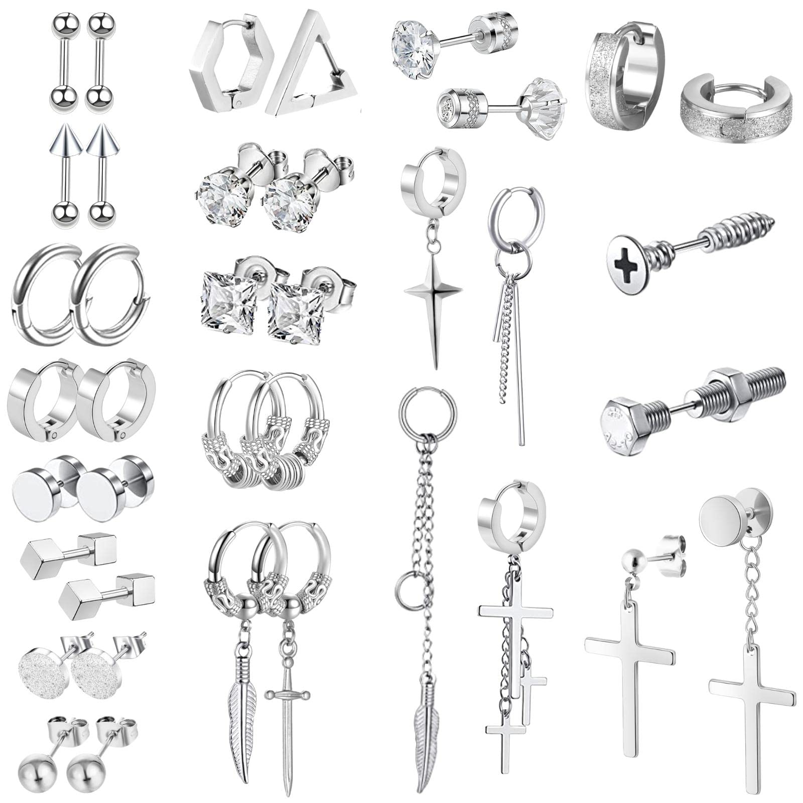 FOREVERYOUTH 38 Pieces Stainless Steel Dangling Earrings For Men Women Cross Black Earrings CZ Studs,Mens Feather Triangle Dangle Kpop Hoop Earrings Set